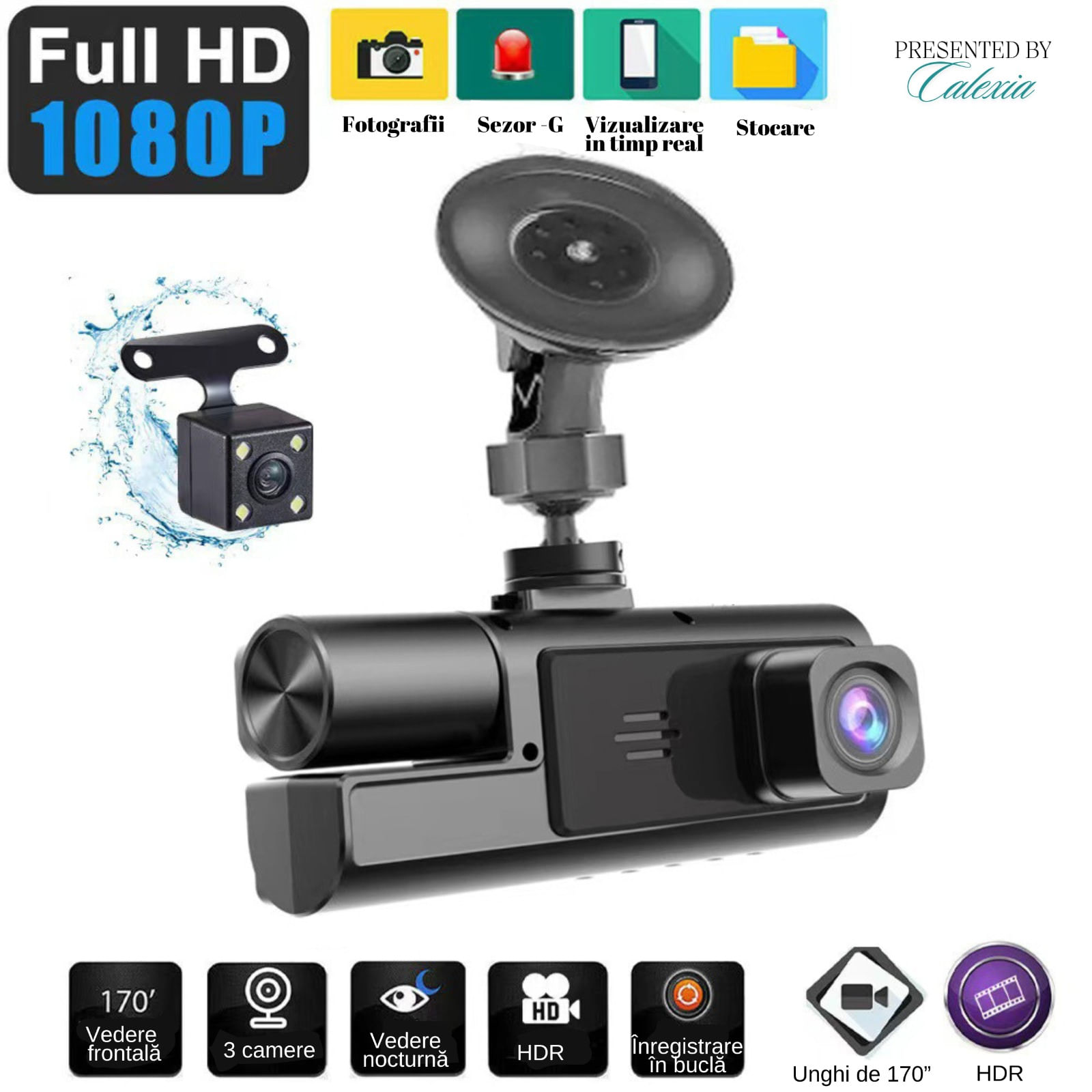 Camera auto tripla de bord Full HD 1080P, GoSafe, WDR, GPS, WIFI ...