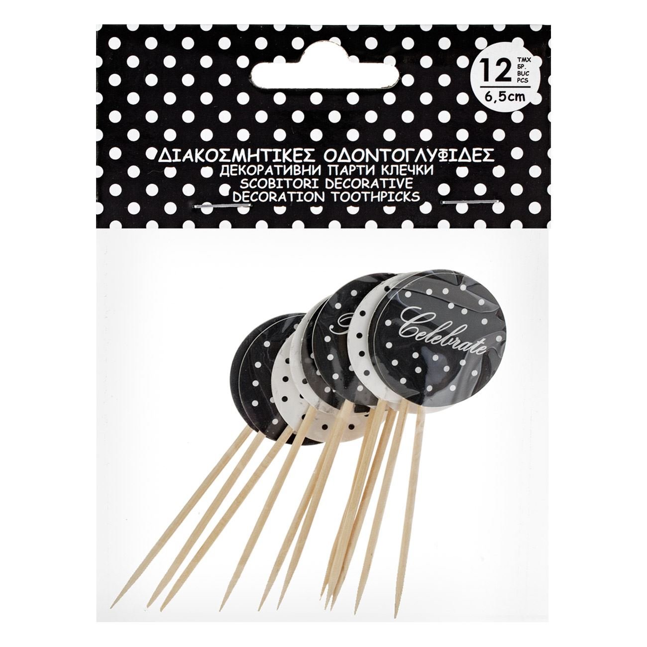 Set scobitori decorative, model party, mesaje alb negru, 6.5 cm, 12 ...