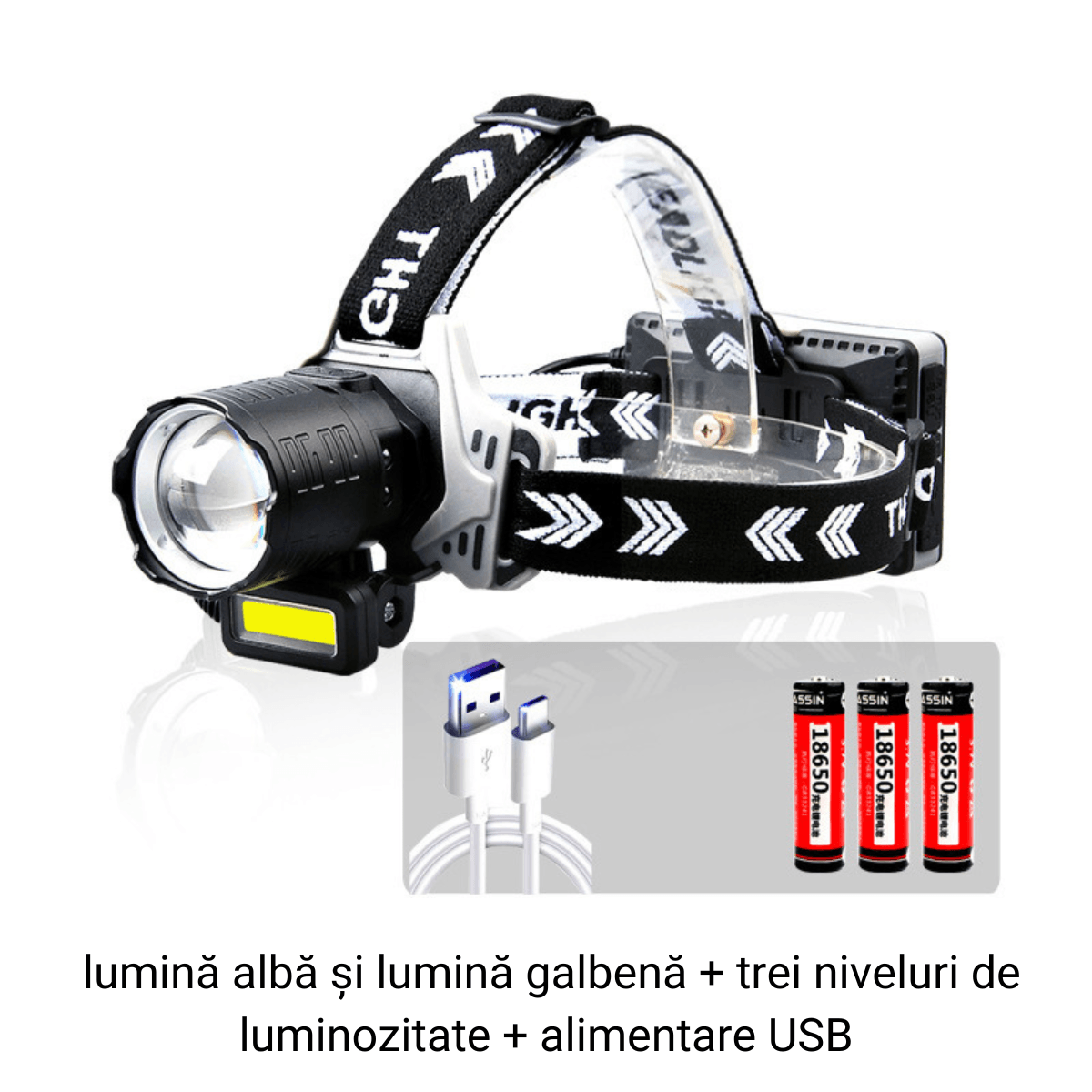 Lanterna de cap cu LED LASER + COB cu 3 acumulatori inclusi, senzor de ...